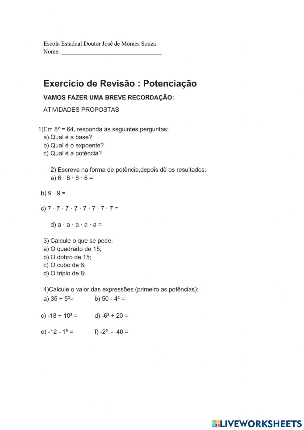 Exercícios Potenciação worksheet | Live Worksheets