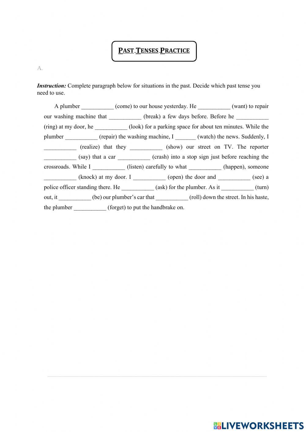 Paragraph Completion with Past Tenses online exercise for | Live Worksheets