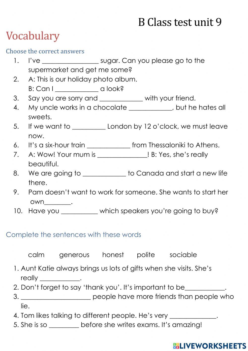 Test B Class Unit 9 1046458 | Marystav | Live Worksheets