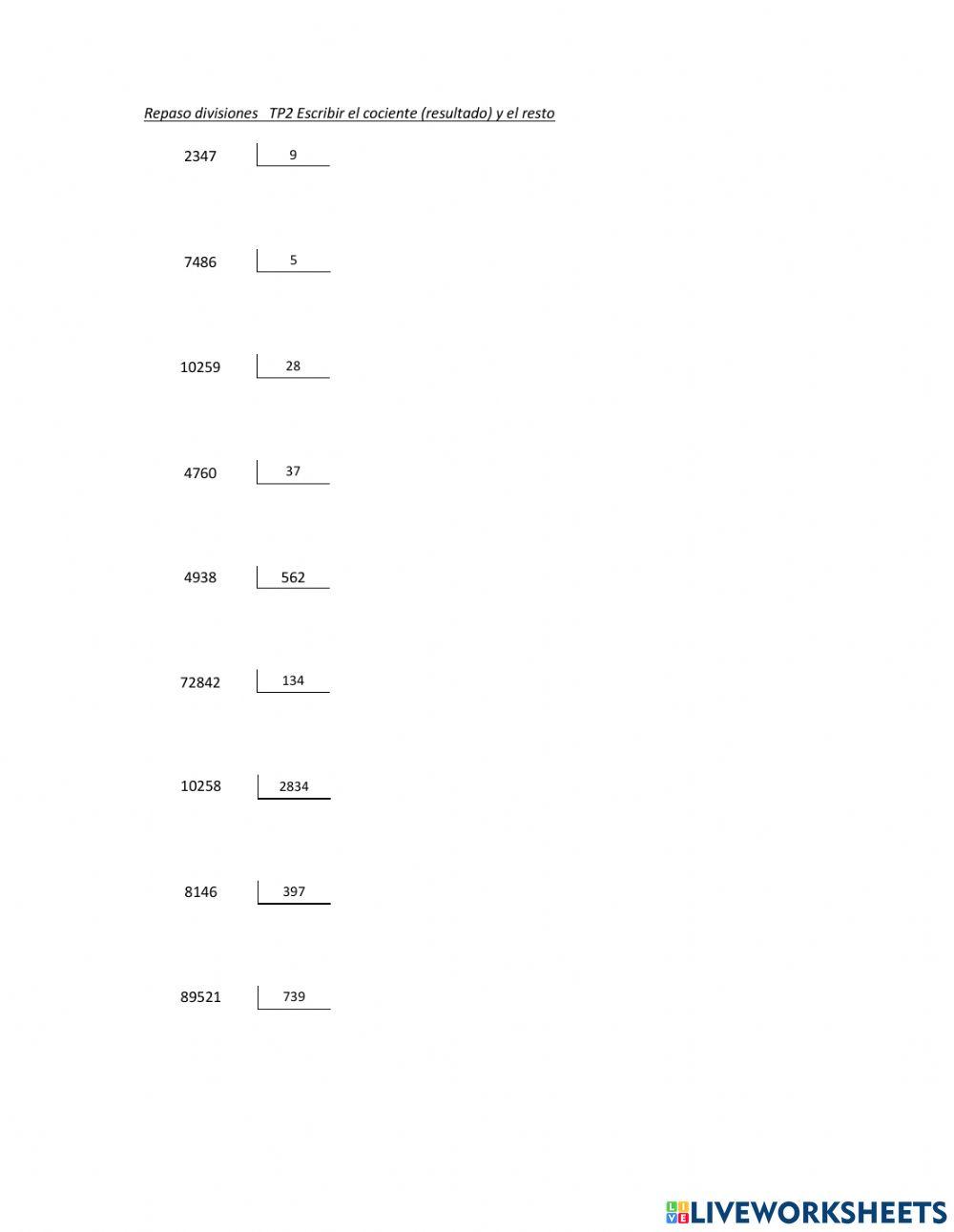 Divisiones por hasta 4 cifras worksheet | Live Worksheets