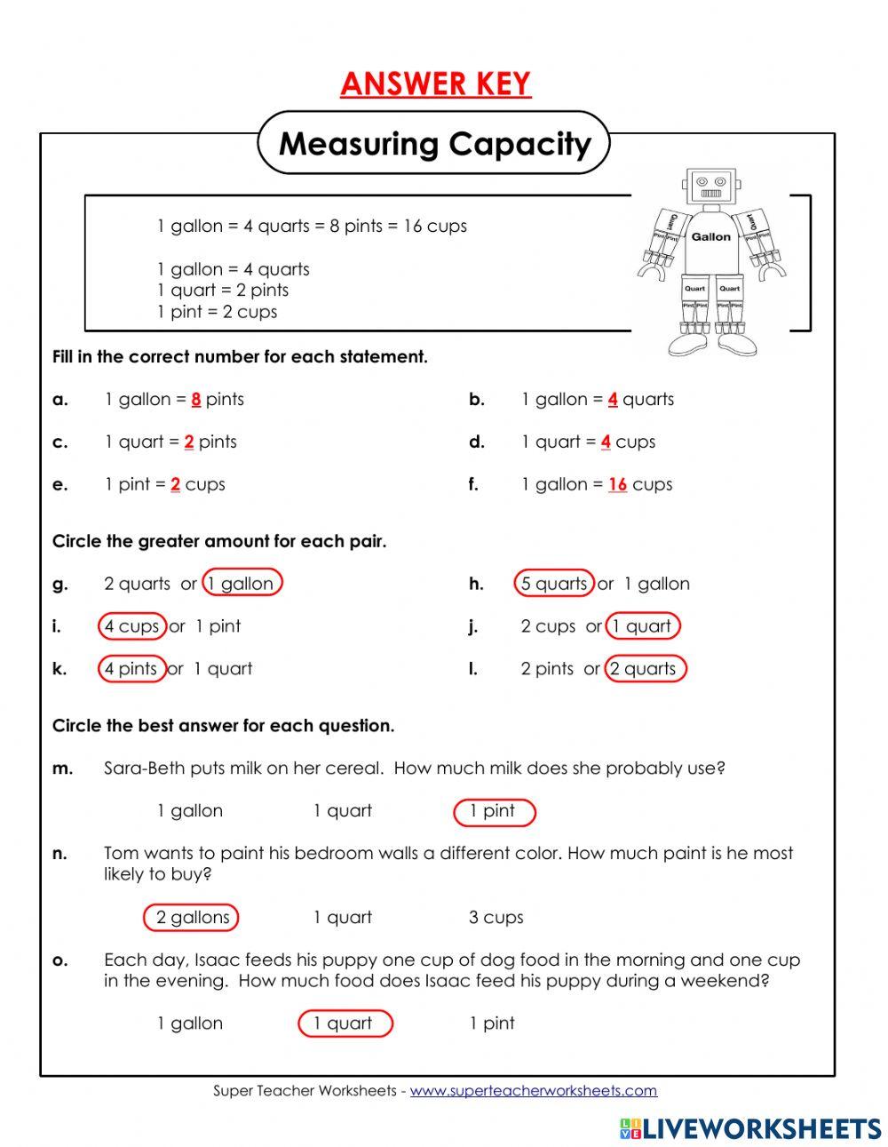 Measurement- pint, quart and gallon online exercise for | Live Worksheets
