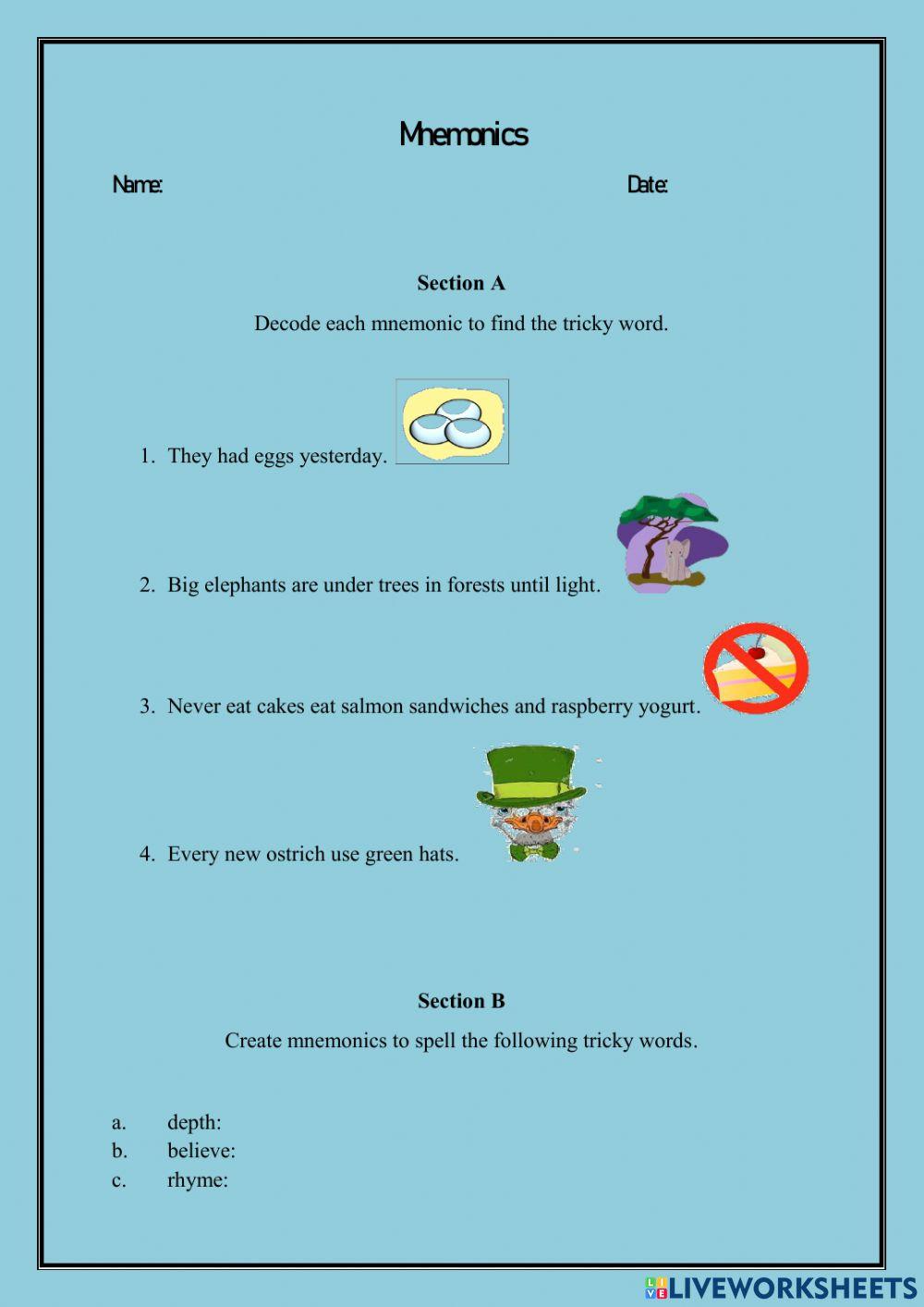 Mnemonics | Free Interactive Worksheets | 1047002