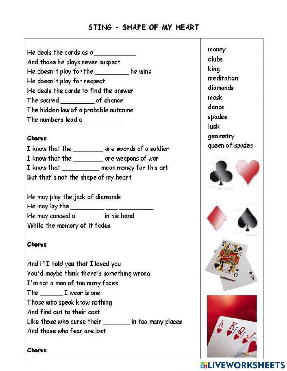 SHAPE OF MY HEART SONG WORKSHEET online exercise for | Live Worksheets