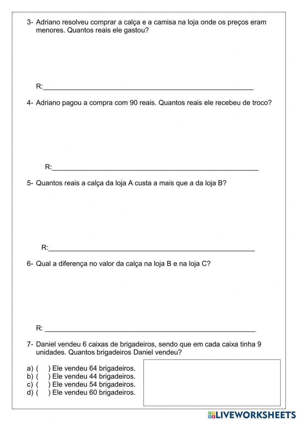Teste de matemática Matemática activity | Live Worksheets