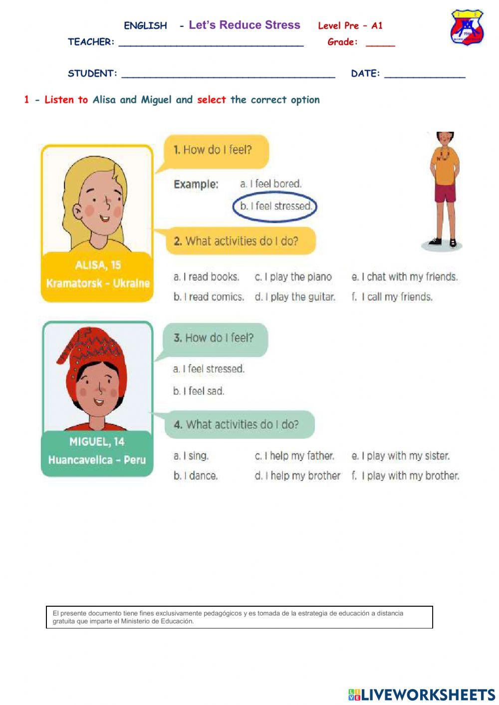 How do you reduce stress? worksheet | Live Worksheets