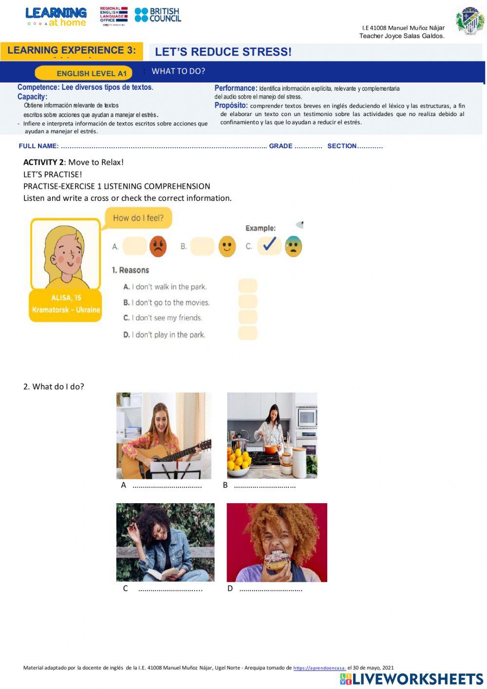Let's reduce stress online worksheet | Live Worksheets