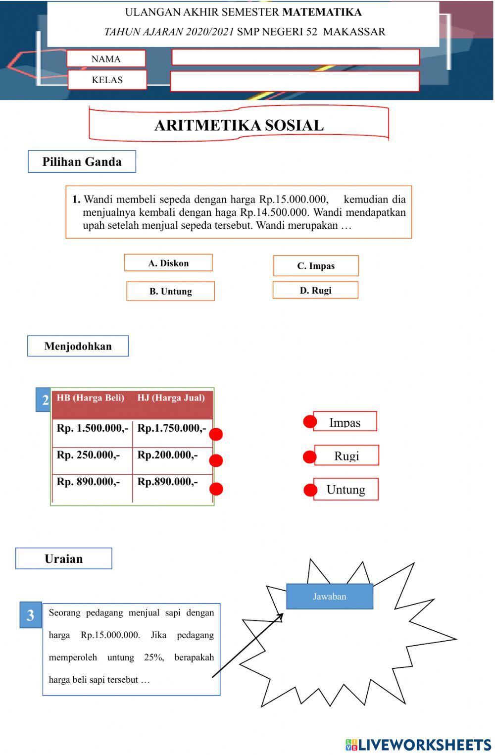 Uas smp negeri 52 makassar worksheet | Live Worksheets