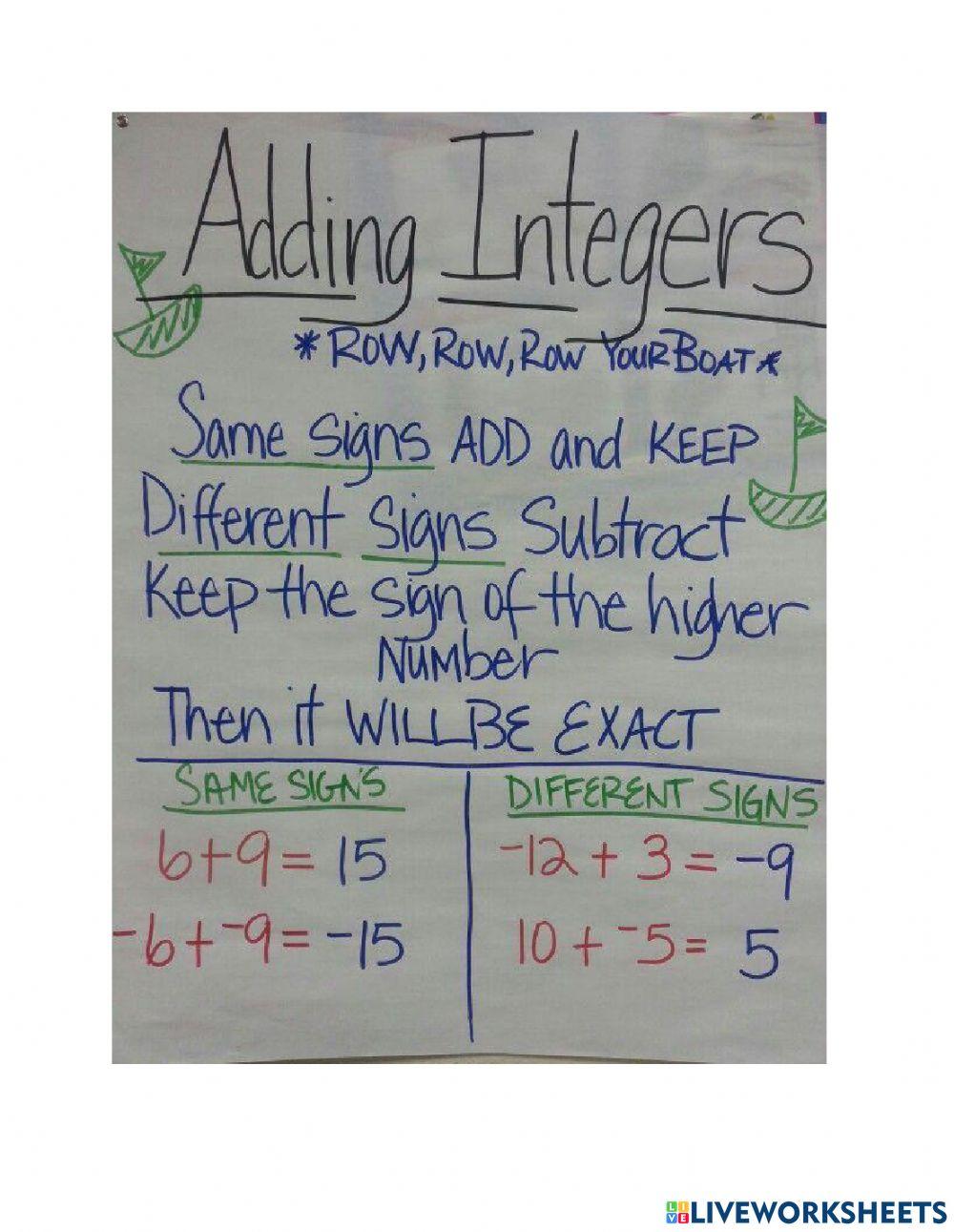 Integers online pdf worksheet | Live Worksheets