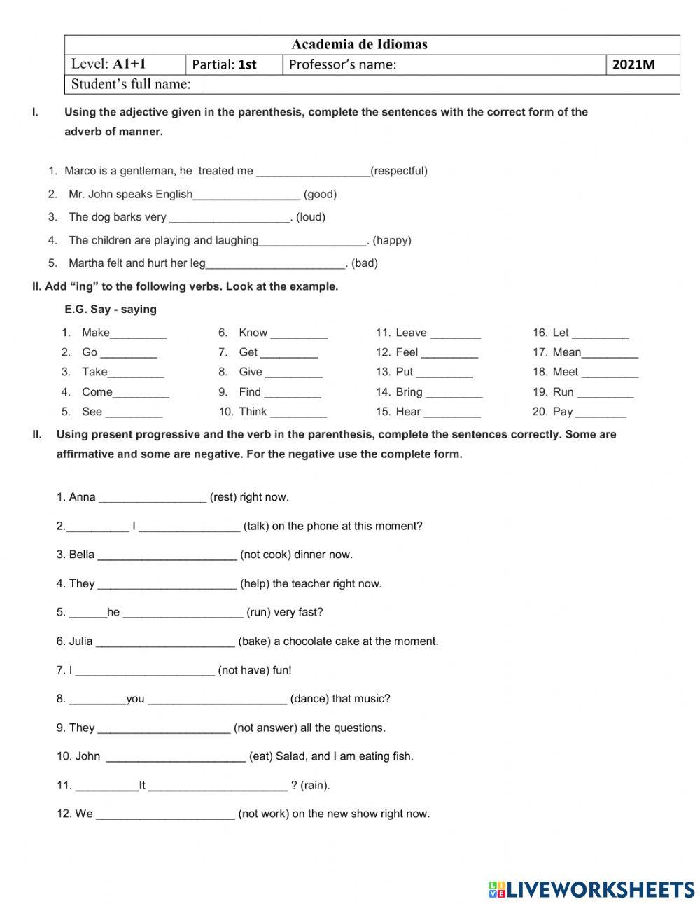 A1+.1 1º Partial worksheet | Live Worksheets