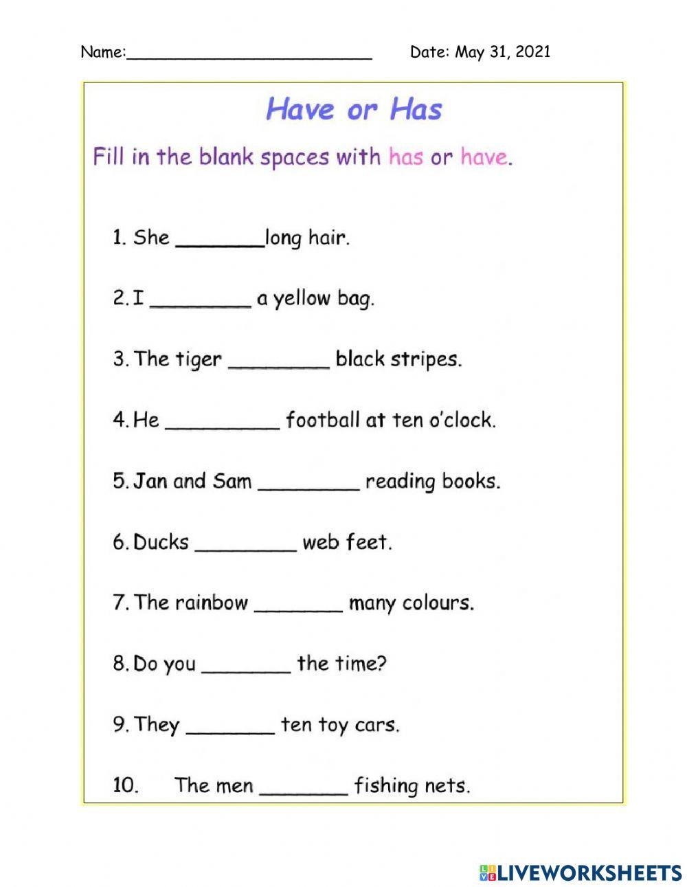 Has and Have Re… | Free Interactive Worksheets | 1049327