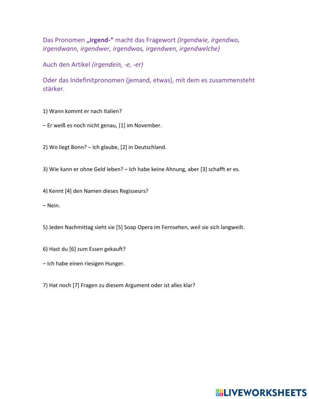 Das Personalpronomen irgend- worksheet | Live Worksheets