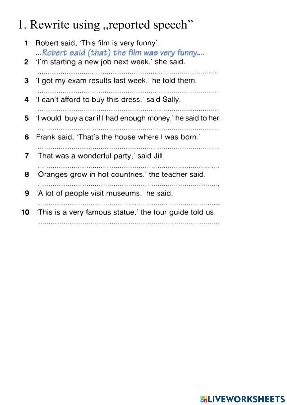 Reported speech online exercise for intermediate | Live Worksheets