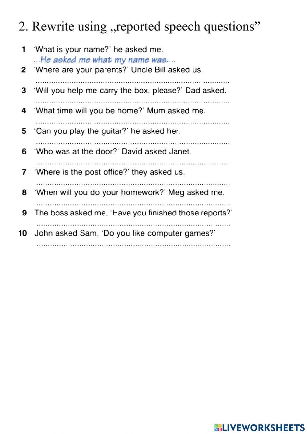 Reported speech online exercise for intermediate | Live Worksheets