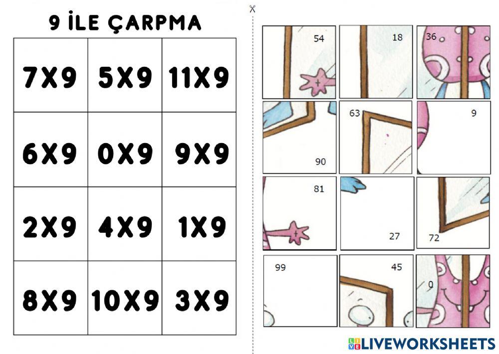 9 ile Çarpma | Free Interactive Worksheets | 971421