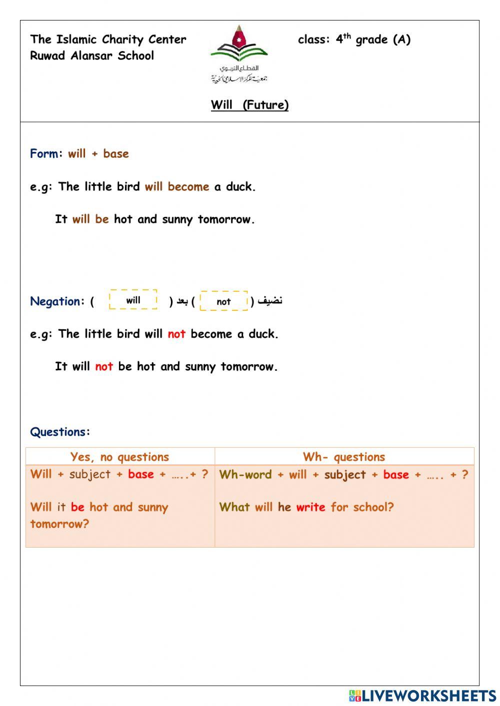 Future will online pdf worksheet | Live Worksheets