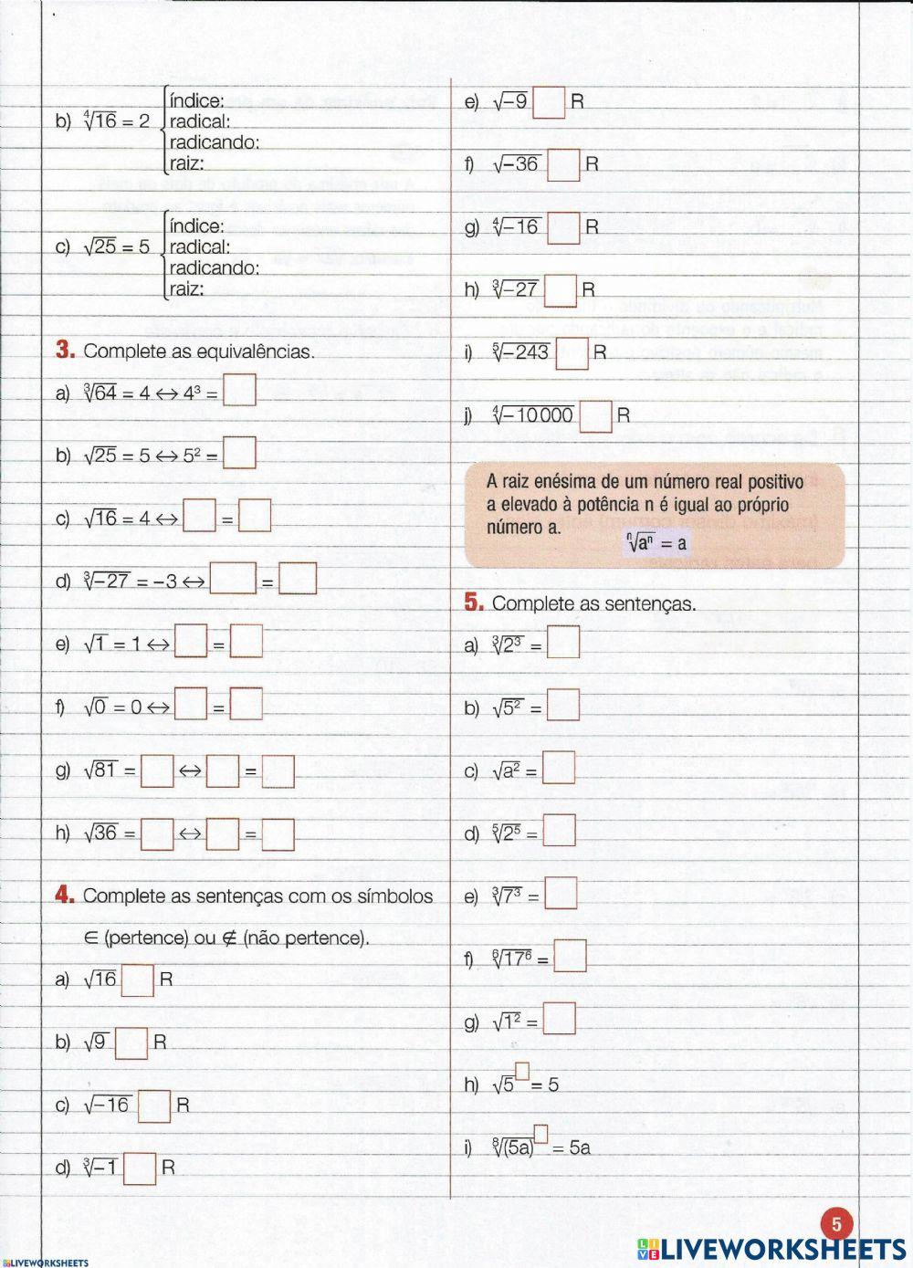 Raiz enésima worksheet | Live Worksheets