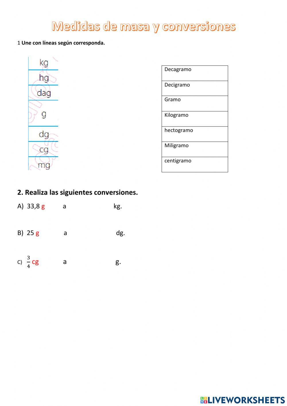Unidades De Medida Masa Interactive Worksheet