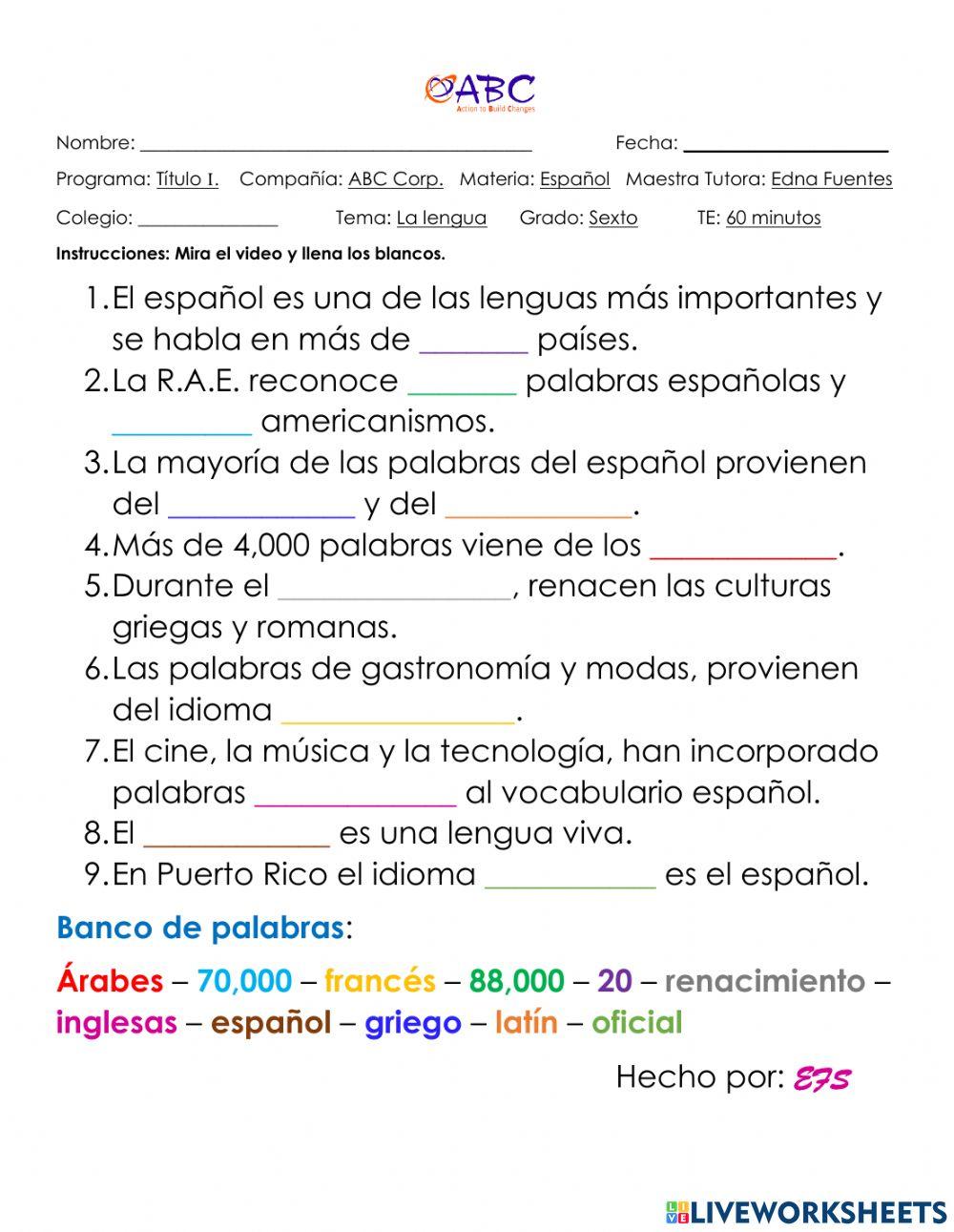 Lenguaje español | Free Interactive Worksheets | 5008571