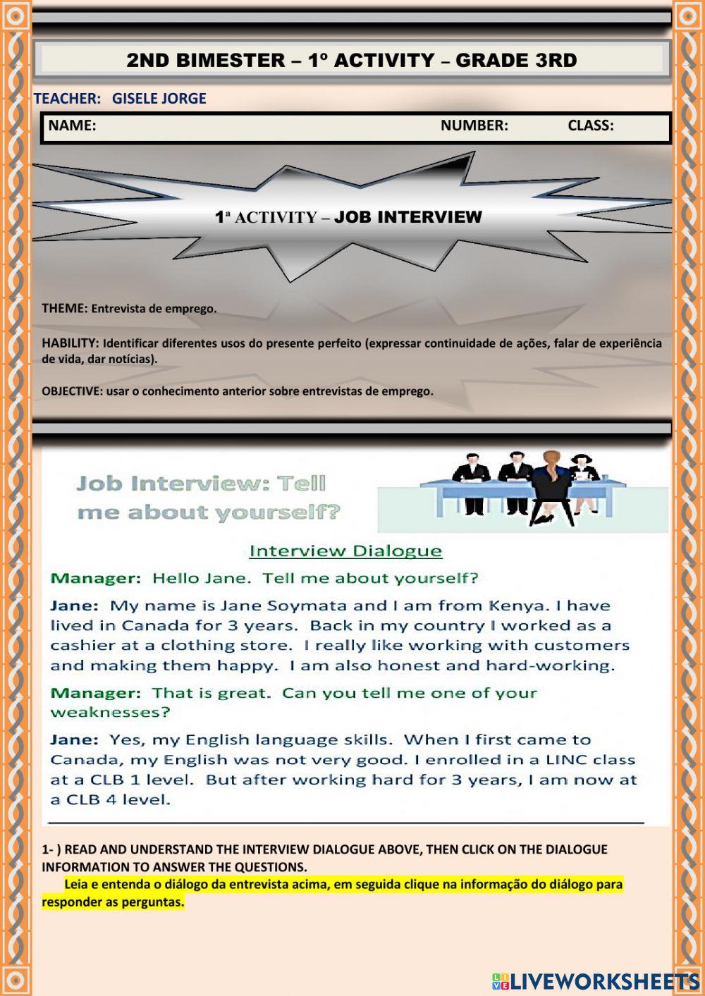 2nd BIMESTER - 1ª ACTIVITY – JOB INTERVIEW - GRADE 3rd worksheet | Live ...