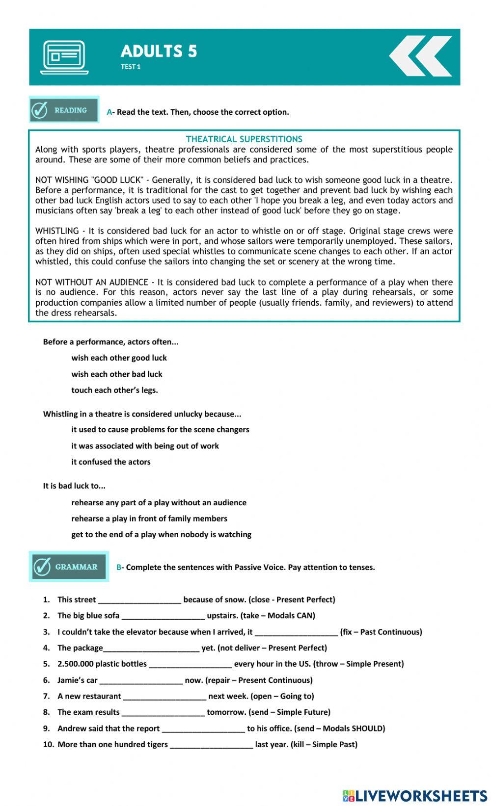 Test 1 Adults 5 worksheet | Live Worksheets