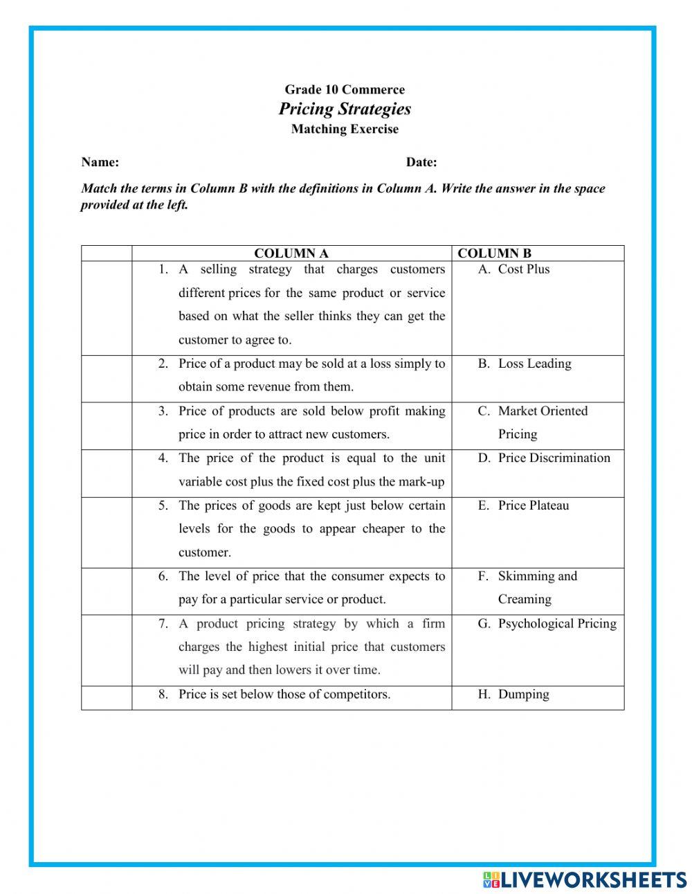 Pricing Strategies Matching Exercise 6574067 | TJohnson