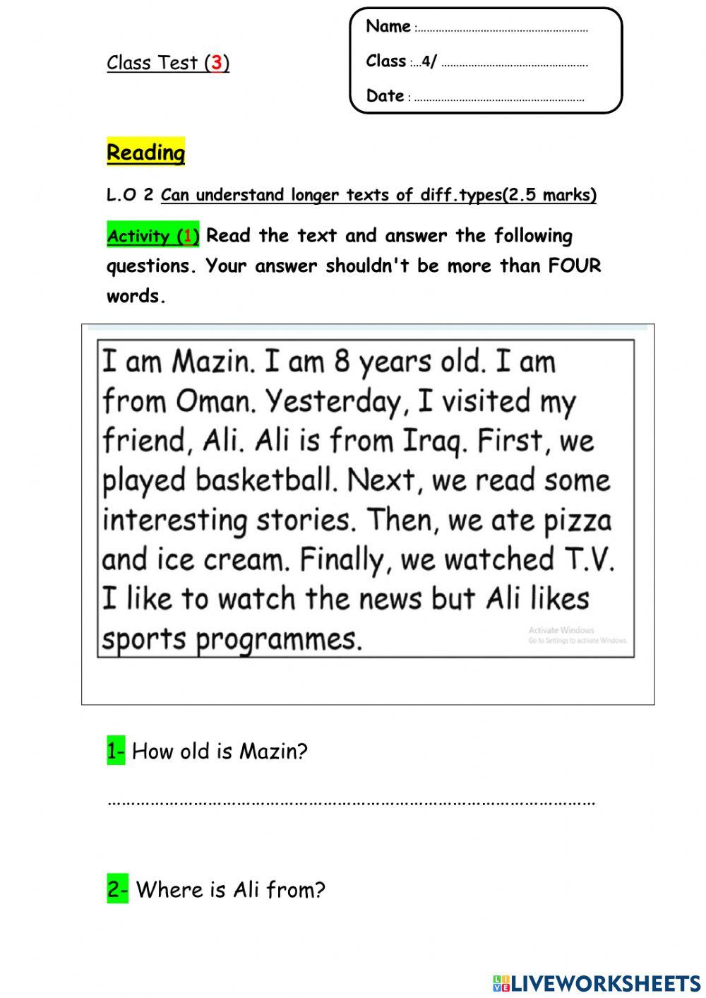 Class test English as a Second Language (ESL) activity | Live Worksheets