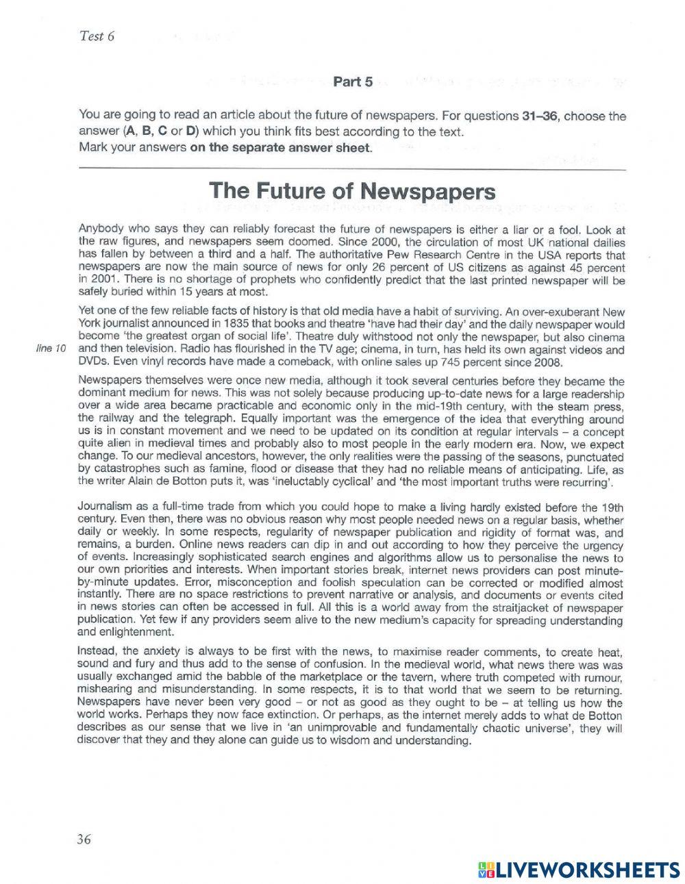 Cae test 6 reading part worksheet | Live Worksheets