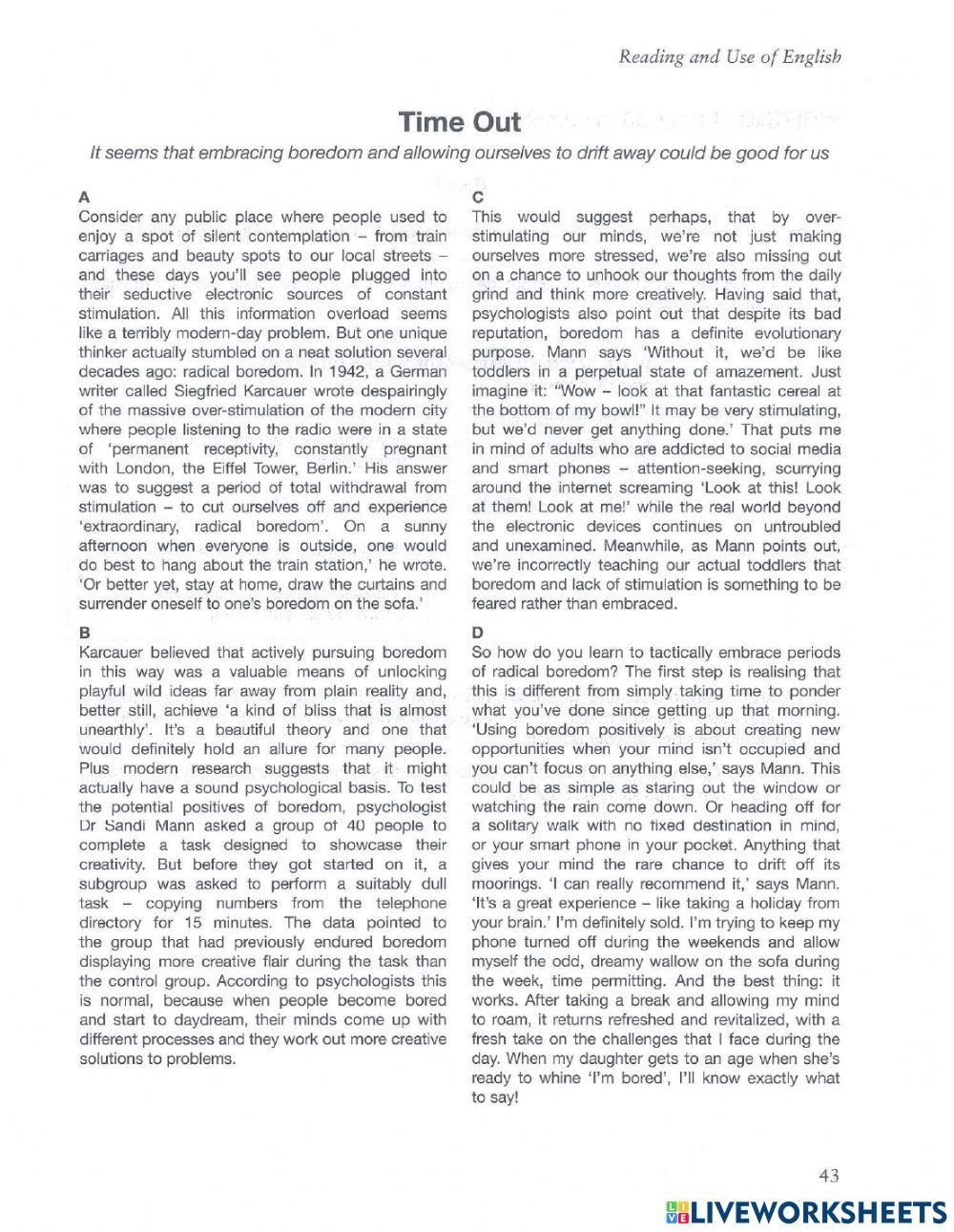 Cae test 6 reading part worksheet | Live Worksheets
