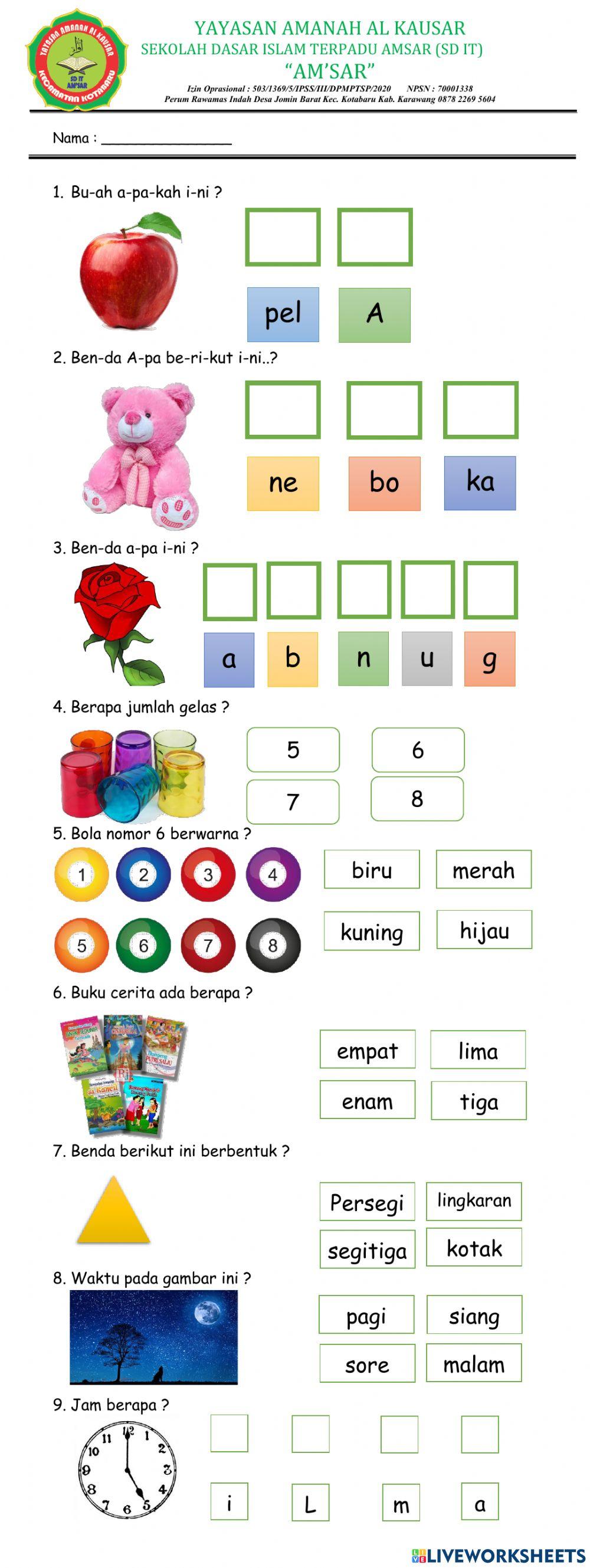 Tes masuk SD | Free Interactive Worksheets | 974146