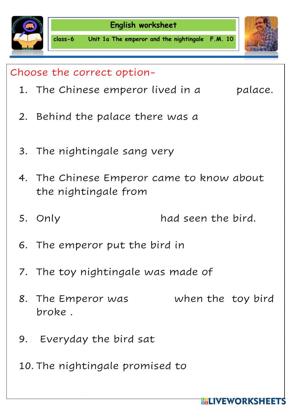 JCERT ENGLISH CLASS 6 UNIT 1a THE EMPEROR AND THE NIGHTINGALE worksheet ...