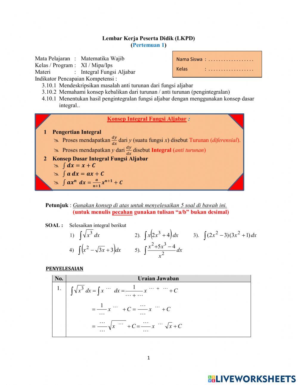 LKPD : Integral substitusi worksheet | Live Worksheets