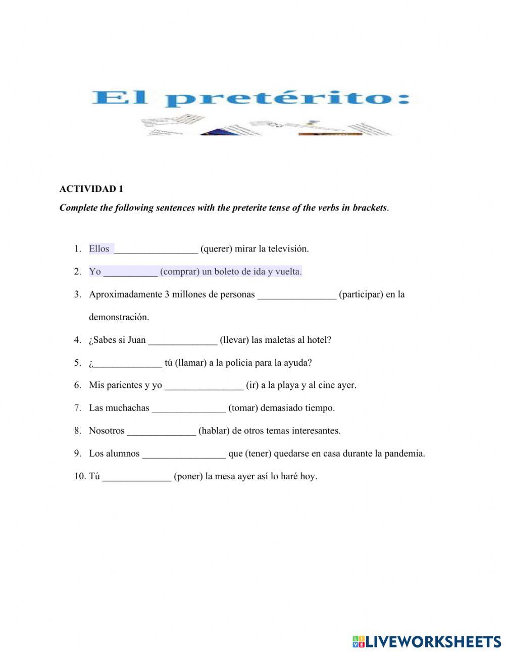 The Preterite Tense Worksheet Live Worksheets