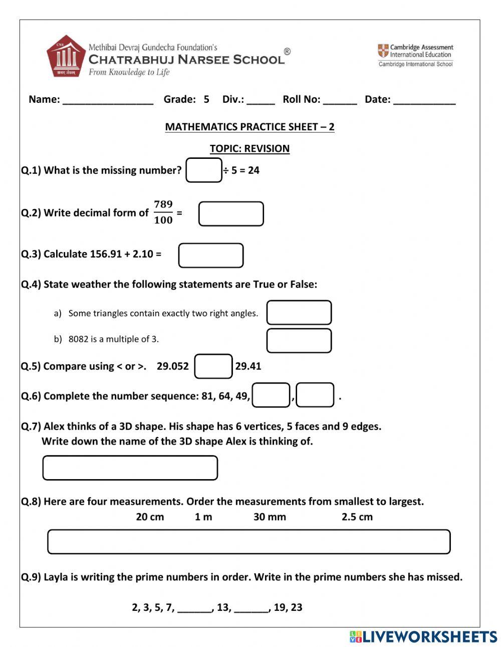 Revision Sheet 2 worksheet | Live Worksheets