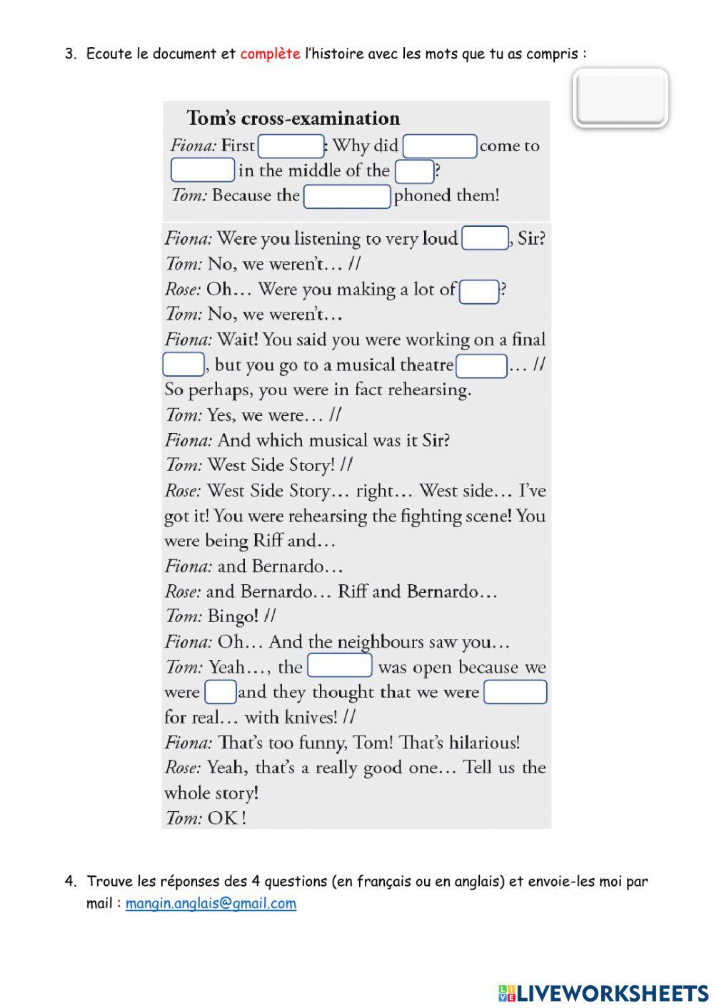 CO Tom's cross examination worksheet | Live Worksheets