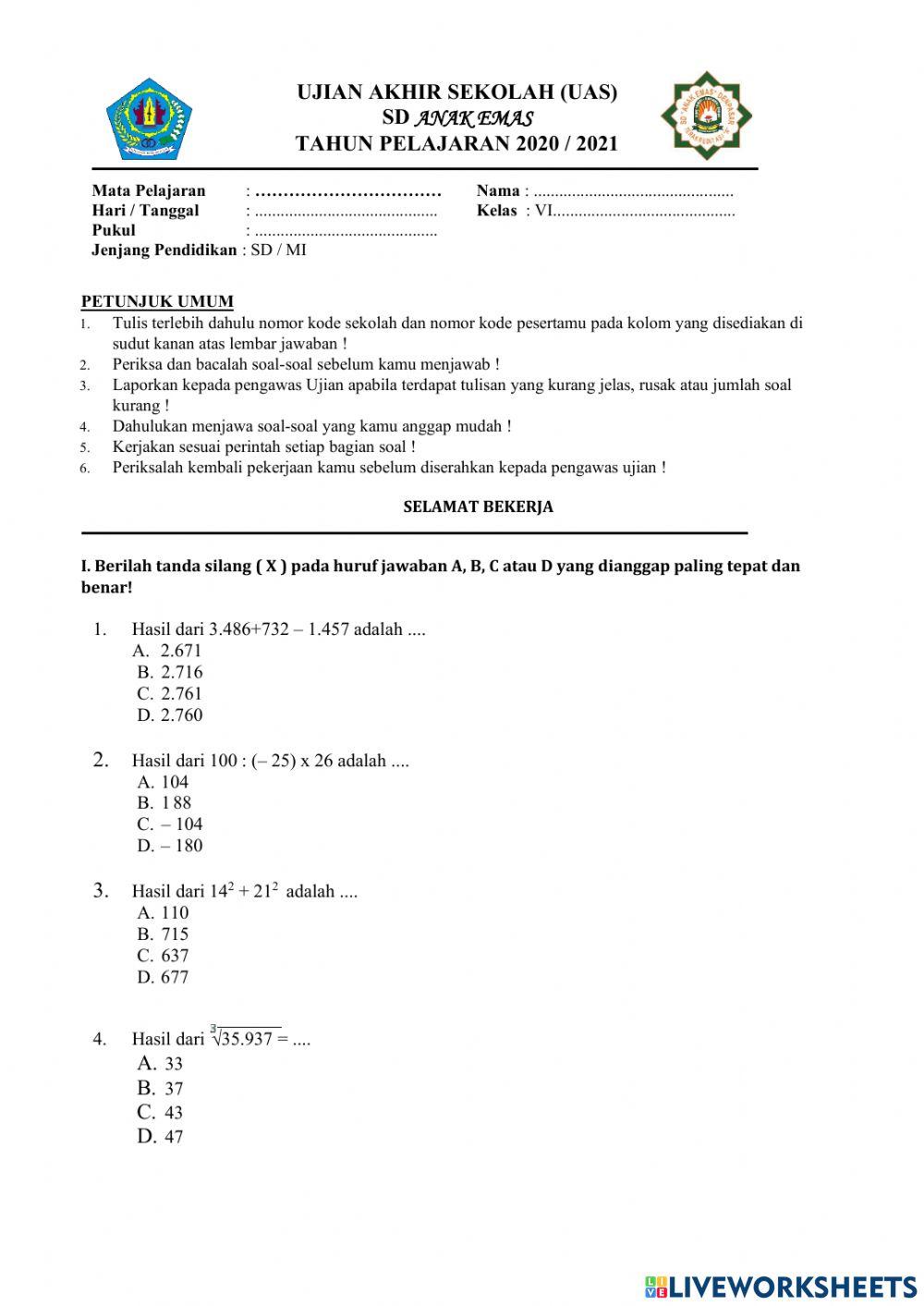 Matematika online exercise for kelas 6 | Live Worksheets