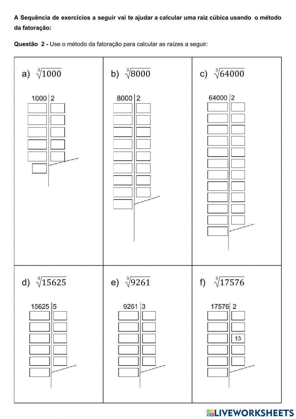Calculando Raízes Cúbicas worksheet | Live Worksheets