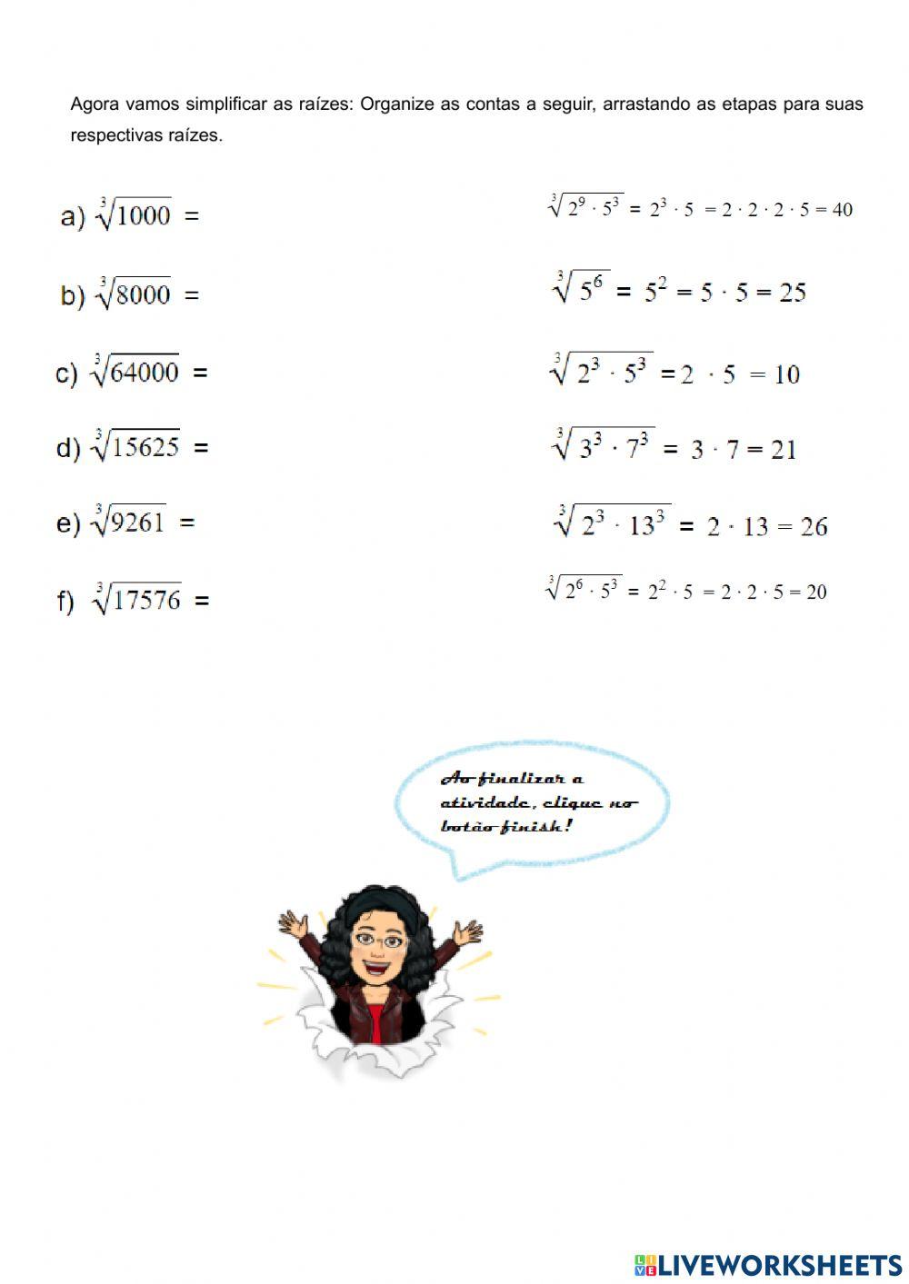 Calculando Raízes Cúbicas worksheet | Live Worksheets