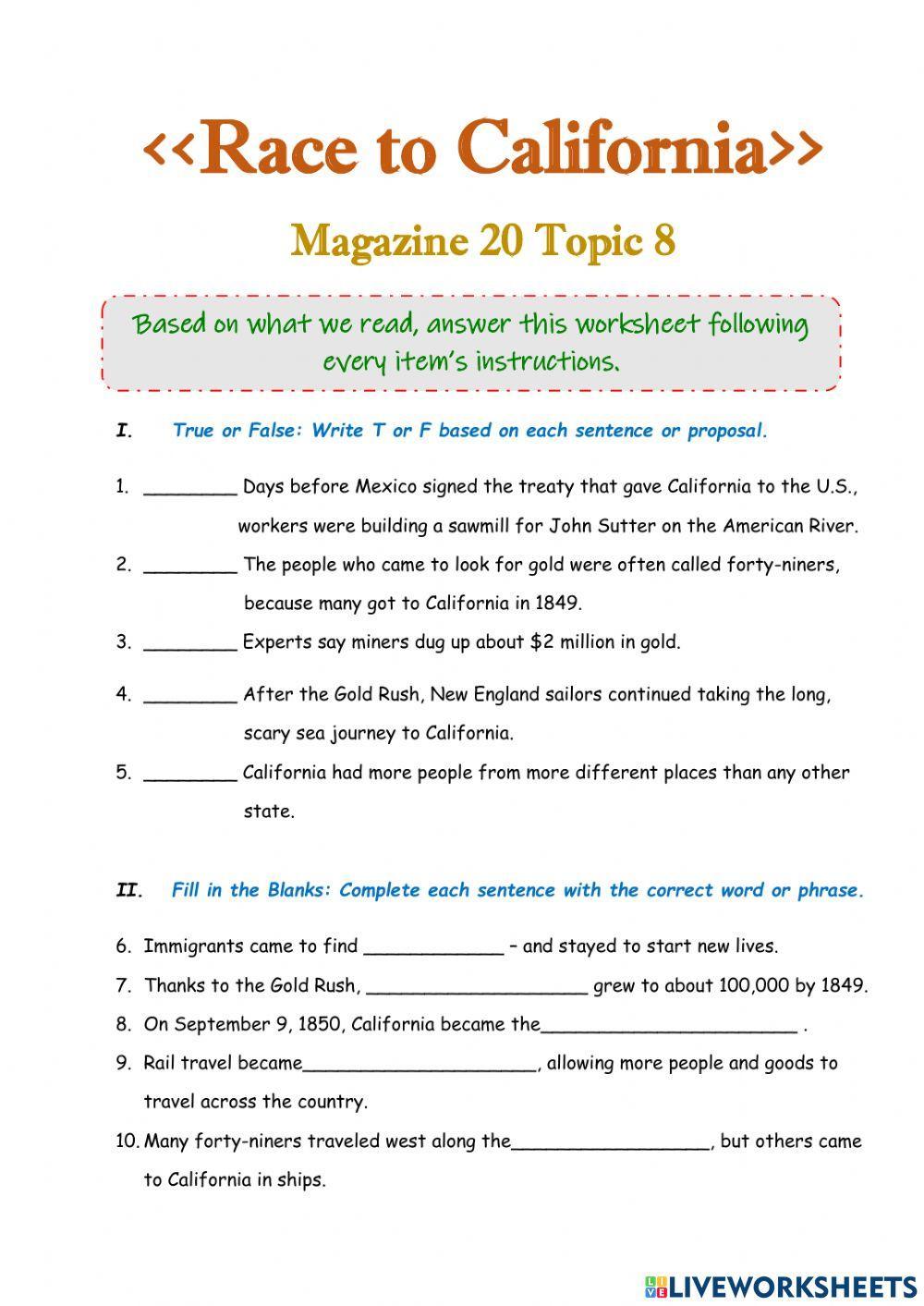 Race to California worksheet | Live Worksheets