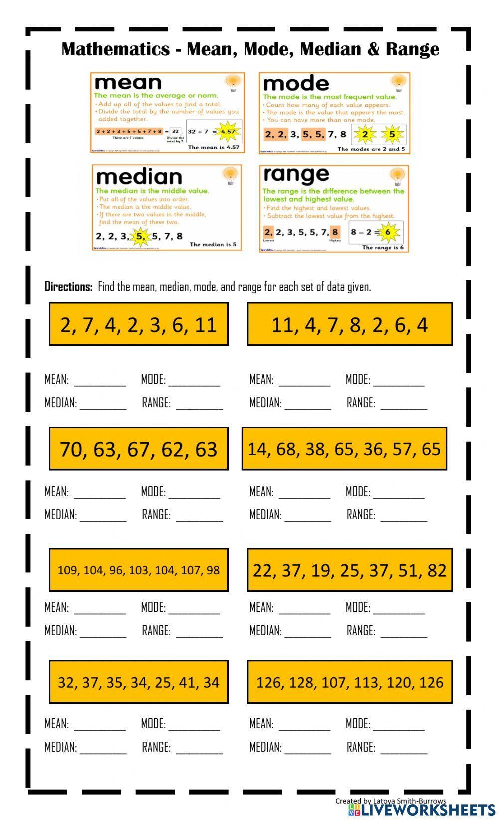 Mean Mode Median And Range Interactive Worksheet Live