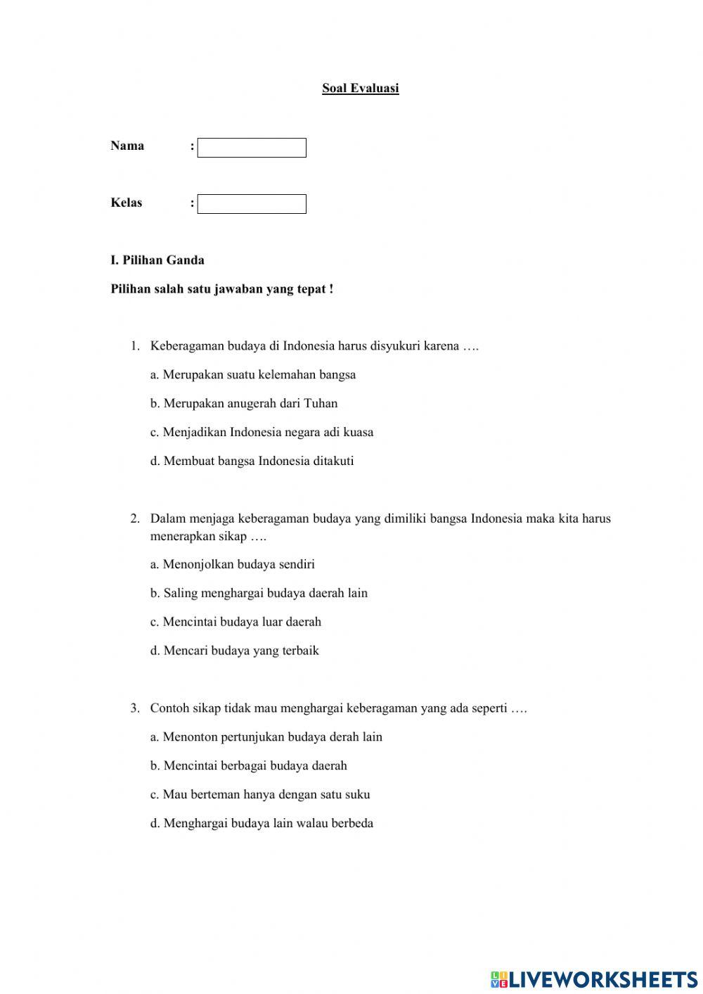 Keanekaragaman Budaya Bangsa Ku Worksheet Live Worksheets