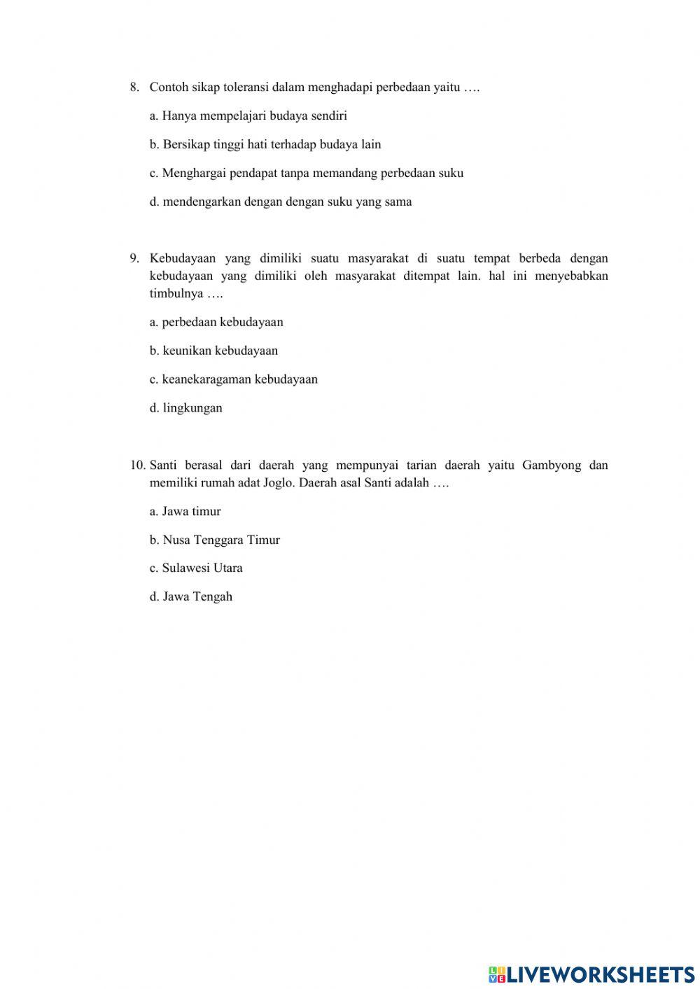 Keanekaragaman Budaya Bangsa Ku worksheet | Live Worksheets