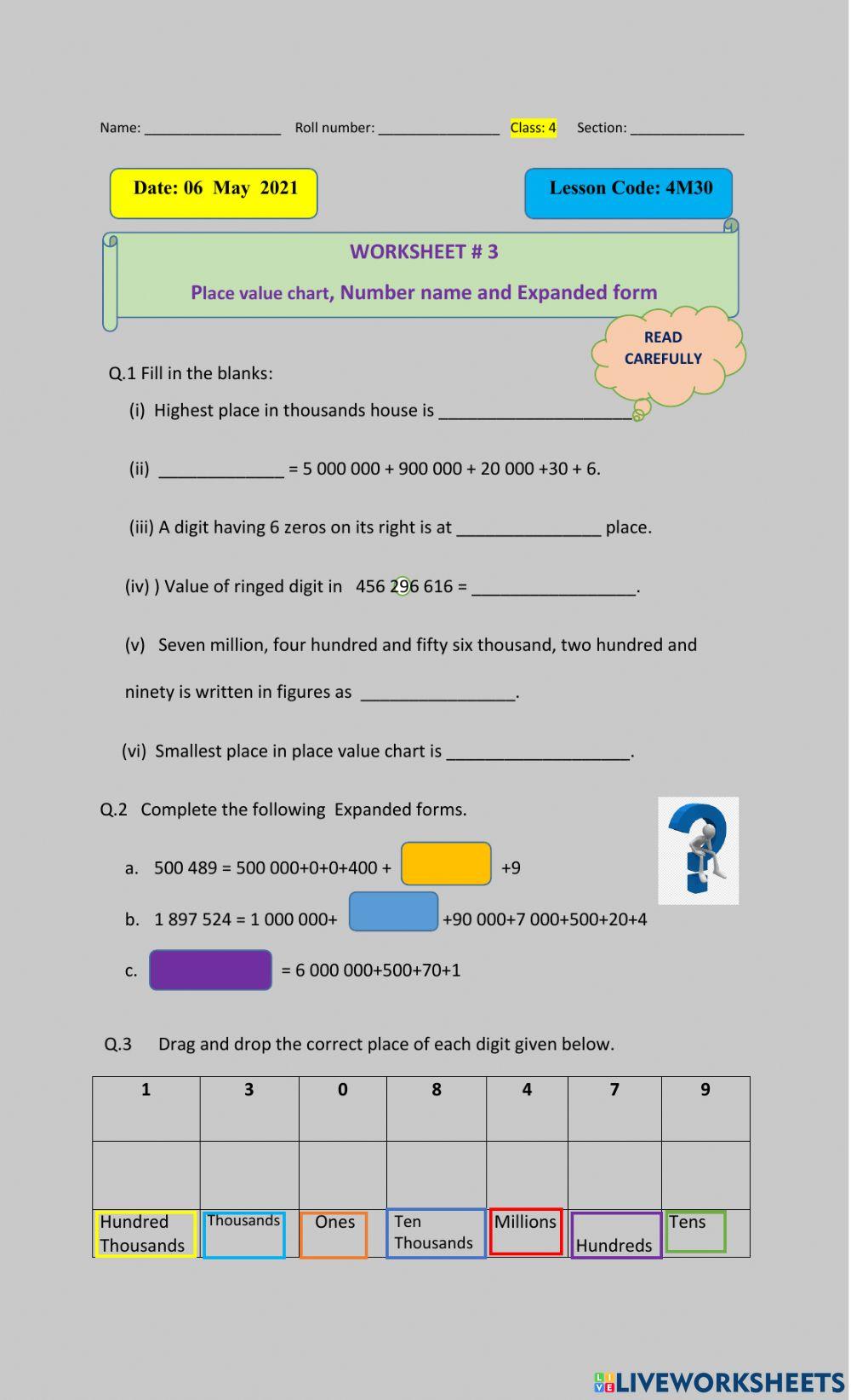 Place and value exercise | Live Worksheets