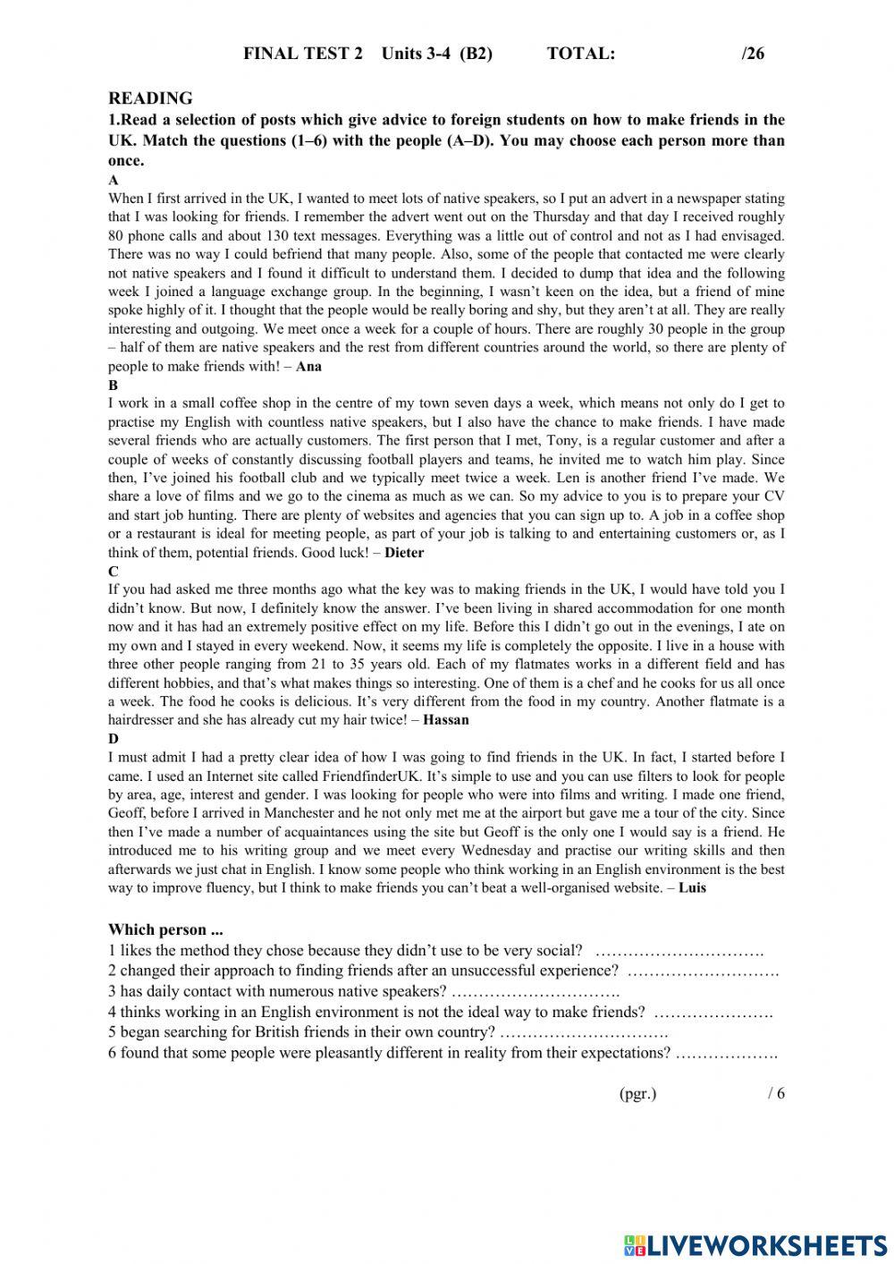 Final Test 2 Units3-4 B2 Reading listening online exercise for | Live ...