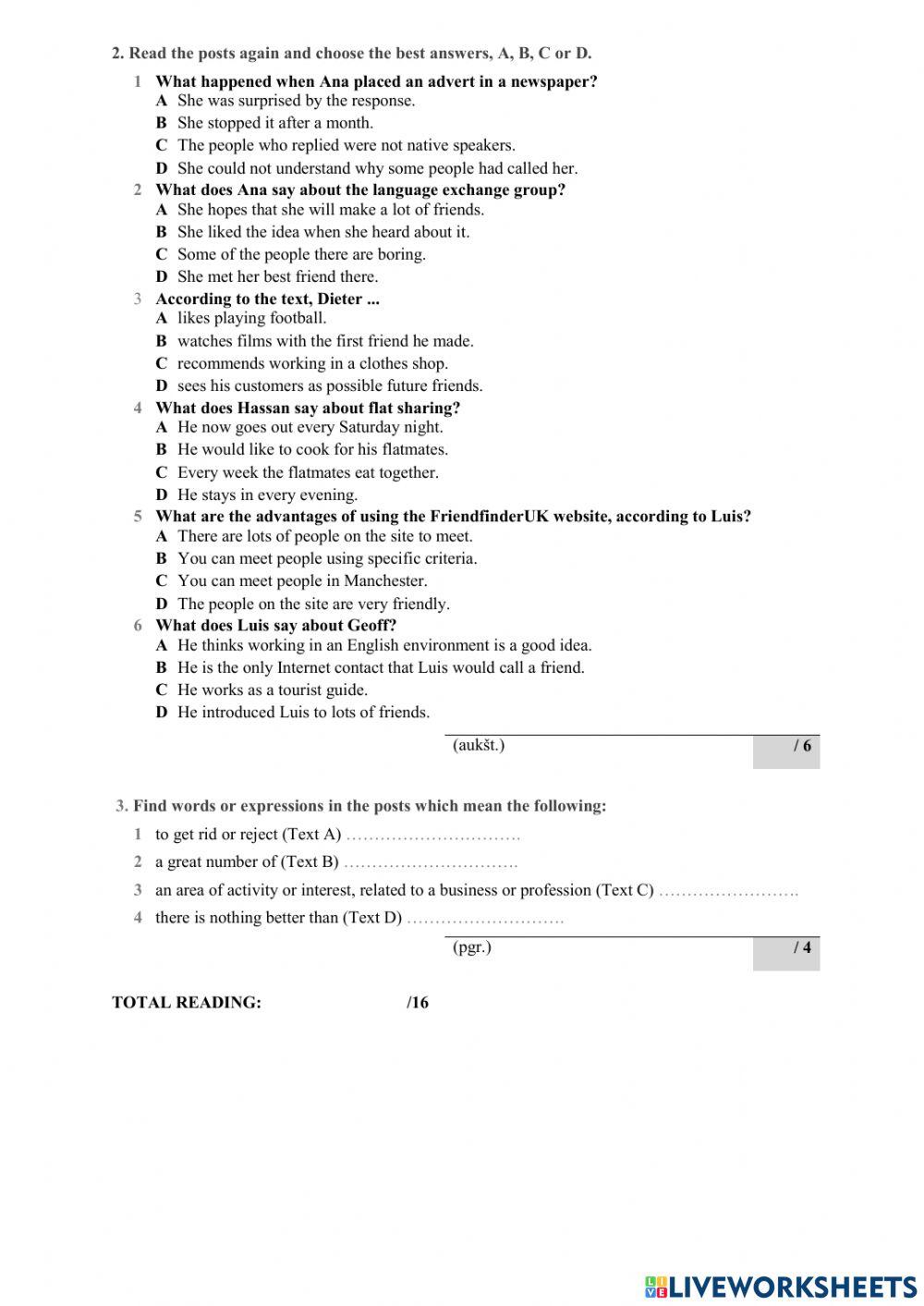 Final Test 2 Units3-4 B2 Reading listening online exercise for | Live ...