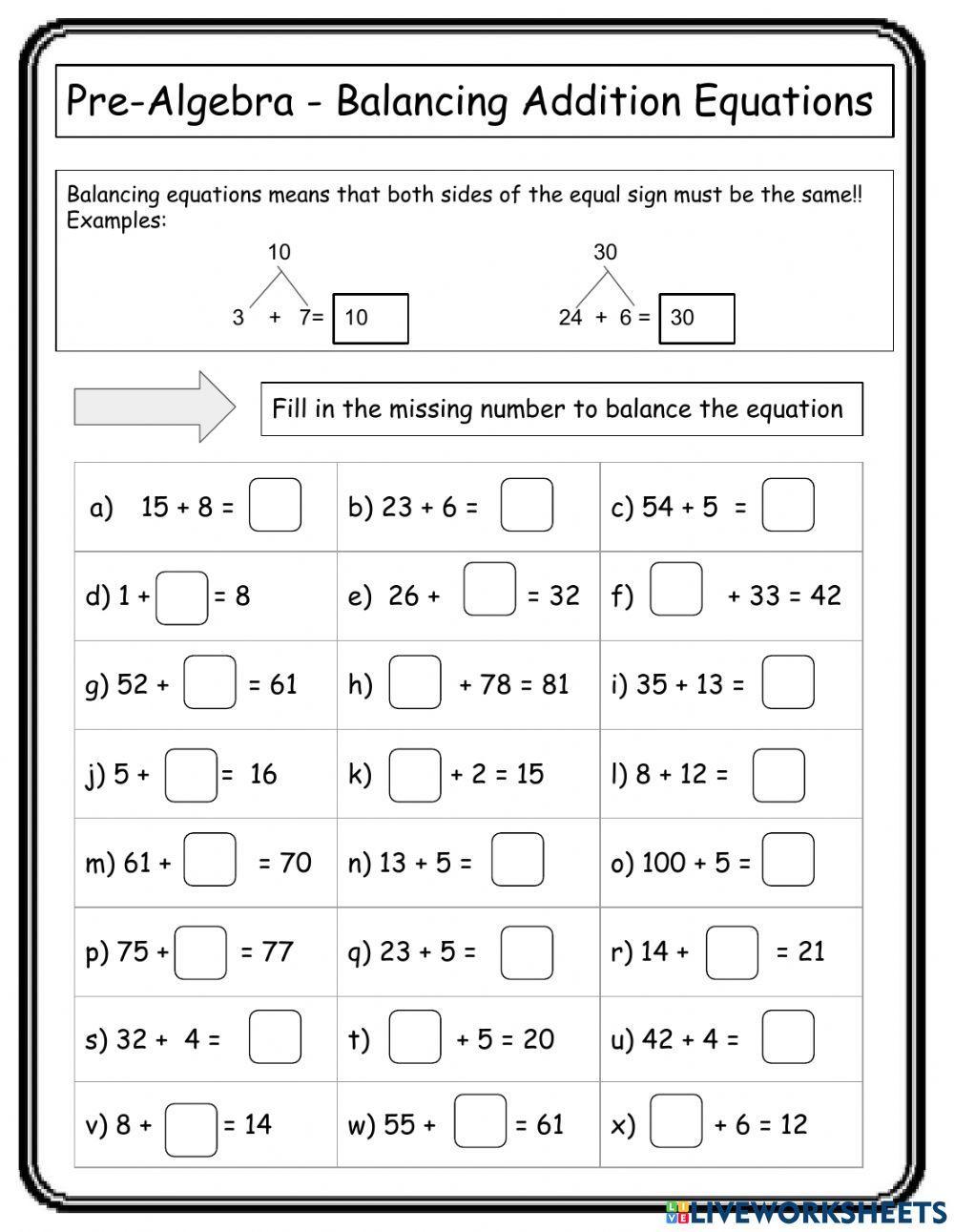 Pre Algebra Balancing Equations Addition Worksheet Live Worksheets pre-algebra-balancing-equations-addition-worksheet-live-worksheets