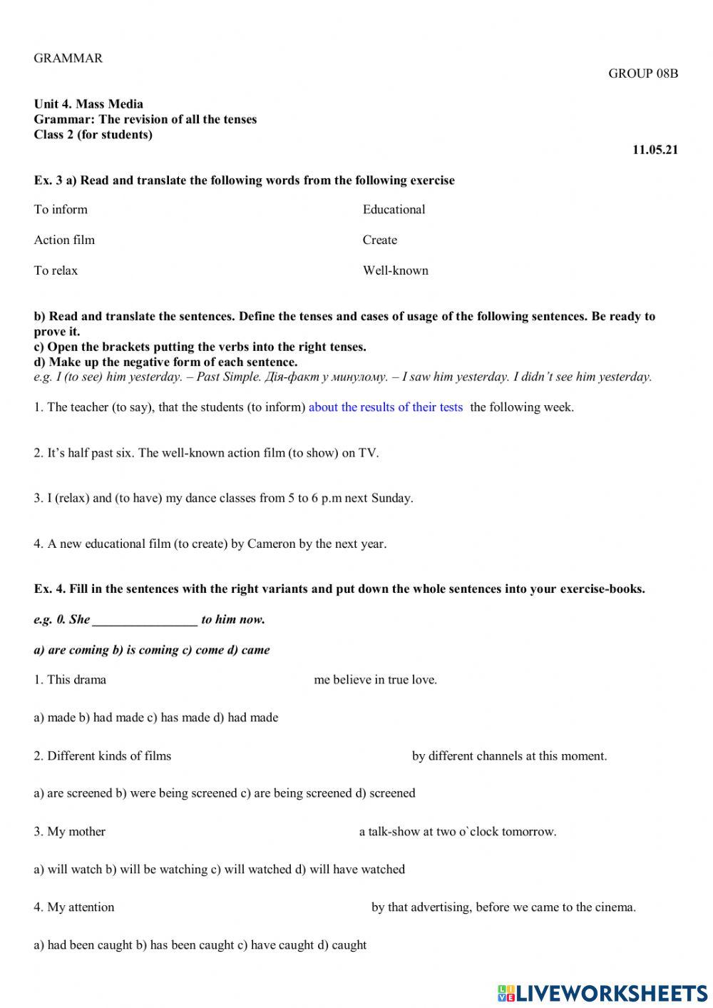 Unit 4 The revision of al the tenses.Class 2-Classwork worksheet | Live ...