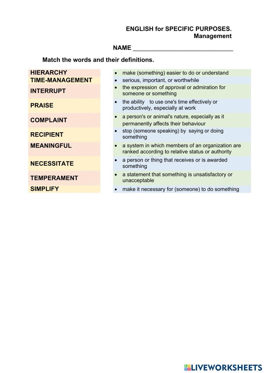 English for Specific Purposes. Management worksheet | Live Worksheets