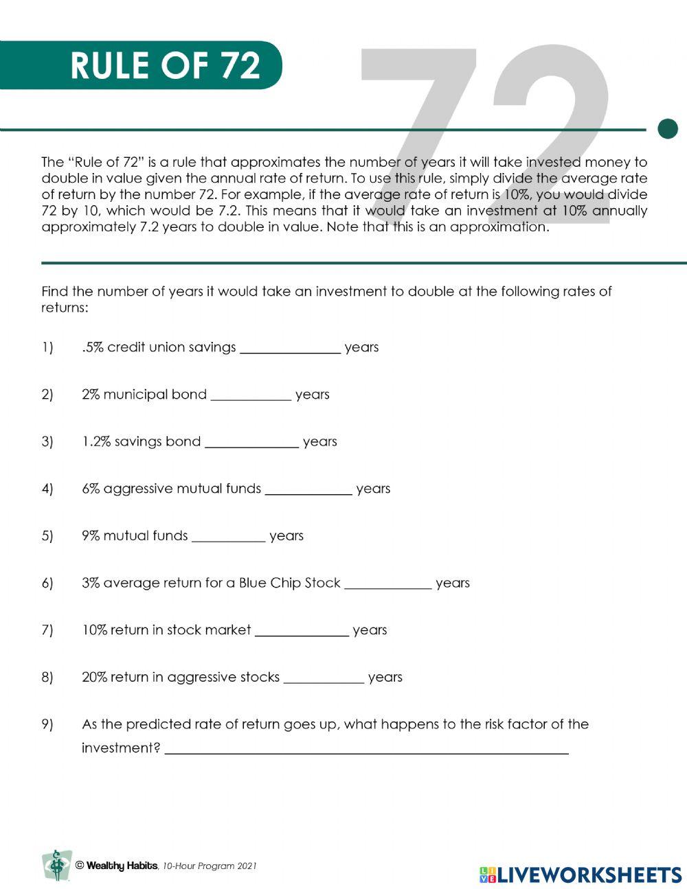Wealthy Habits Rule of 72 worksheet | Live Worksheets