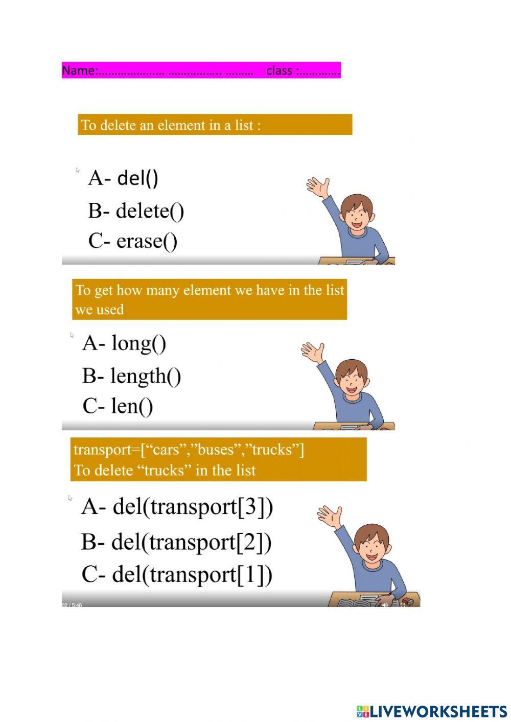 List operation worksheet | Live Worksheets