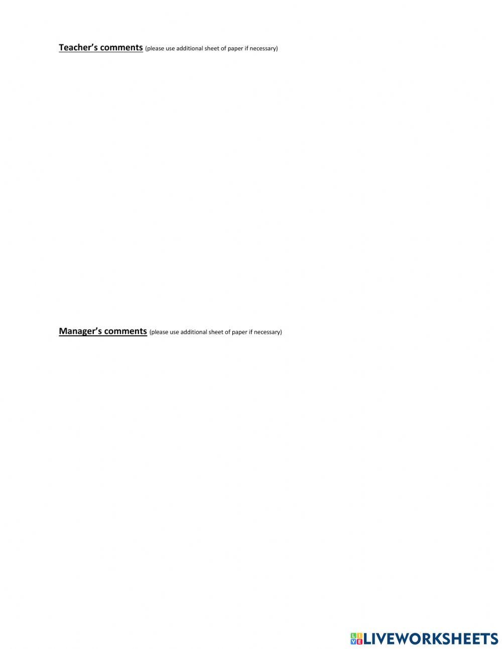 Student performance evaluation card worksheet | Live Worksheets